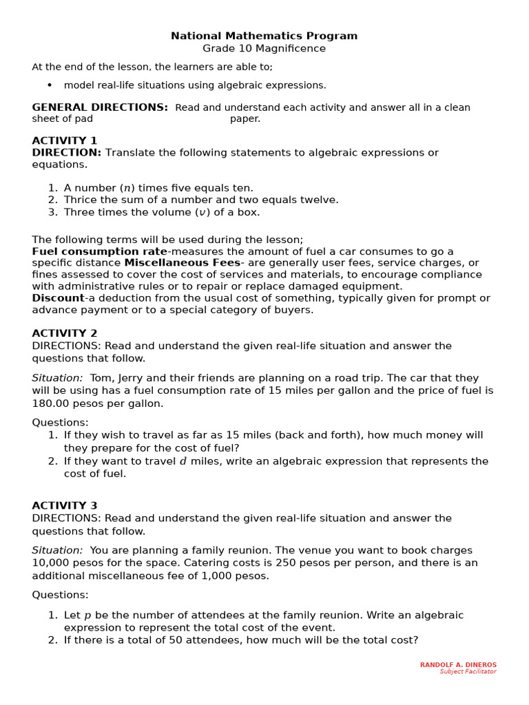 Translating Verbal Expressions To Mathematical Symbols-2 | PDF