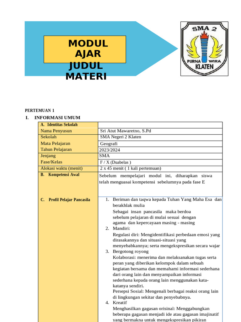 Modul Ajar Geo 12.3 Pola Keruangan Desa | PDF