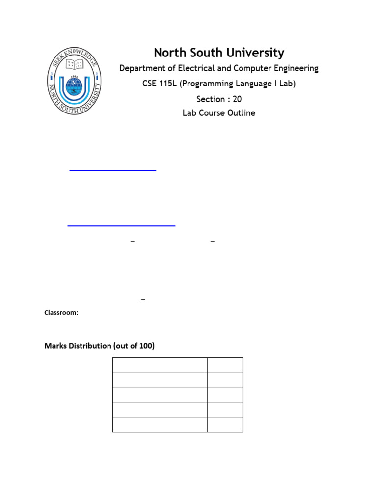 CSE 115L Lab Course Outline & Marks | PDF