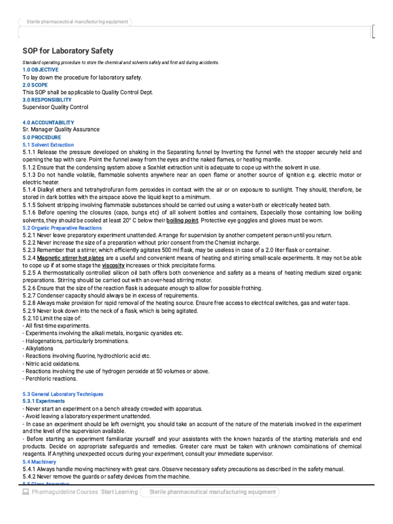 SOP For Laboratory Safety - Pharmaguideline | PDF | Laboratories | Solvent