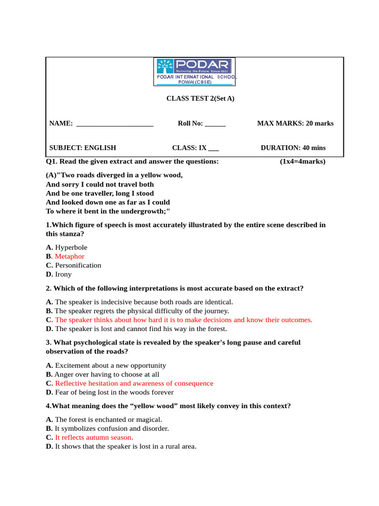 English Class IX Test 2 Questions | PDF