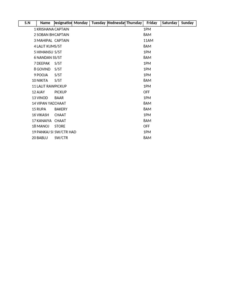 Professional Duty Roster | PDF