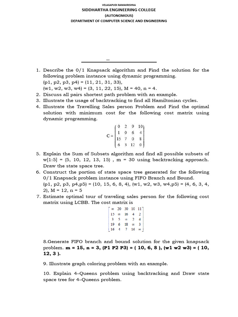 ADSA Sessional-II Question Bank 20.05.24 | PDF
