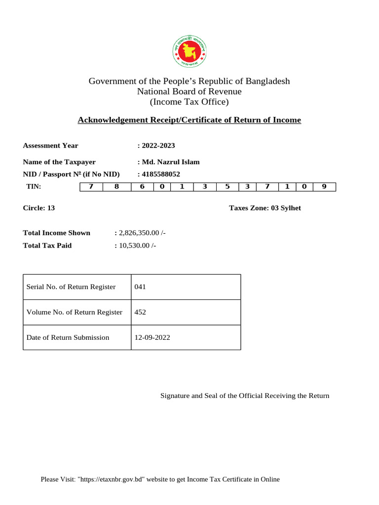 Income Tax Acknowledgement Receipt 2022 | PDF