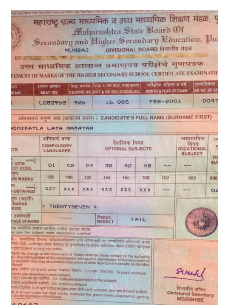 Manchikatla Lata Narayan TightClean Marksheet | PDF