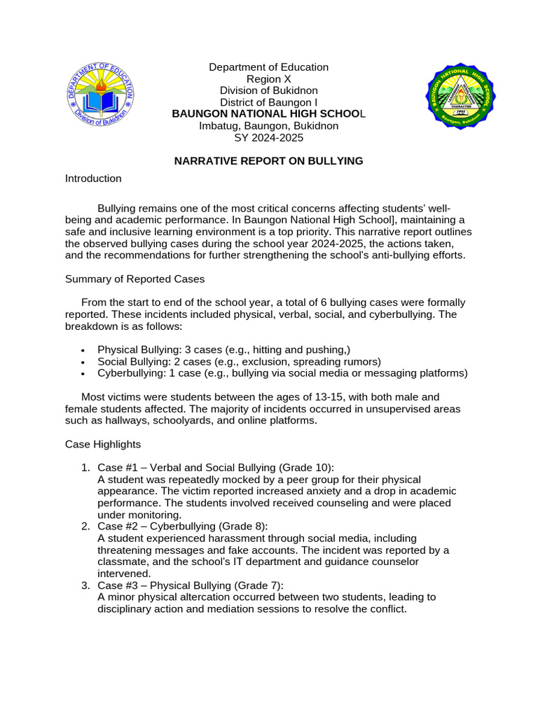 Narrative Report in Bullying | PDF | Bullying | Cyberbullying