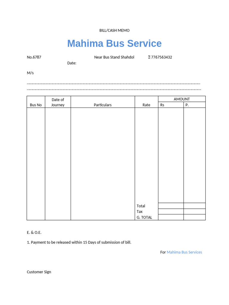 Mahima Bus Service Bill Memo Template | PDF