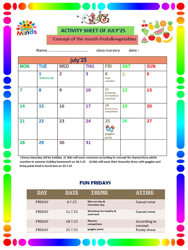 July 2025 Activity Sheet for Nursery | PDF | Vegetables | Foods