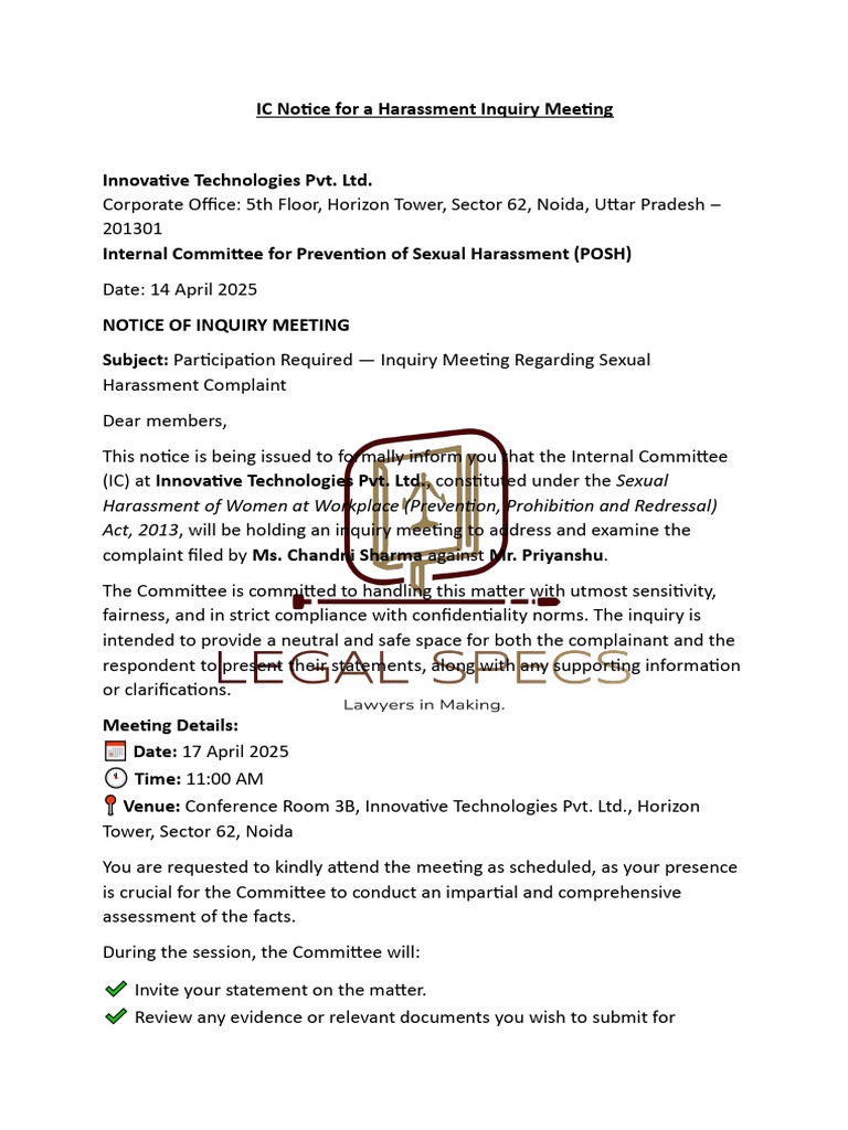 IC Notice For A Harassment Inquiry Meeting 1744903120 | PDF ...