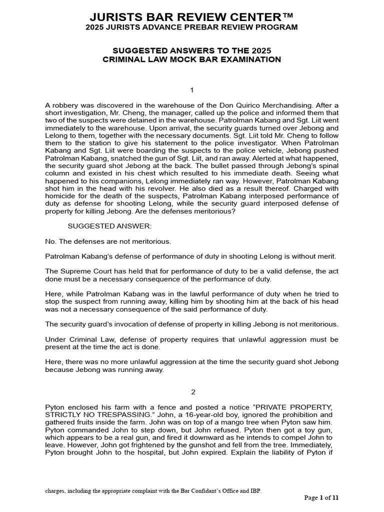2025 Criminal Law Mock Bar Answers | PDF | Treason | Defamation