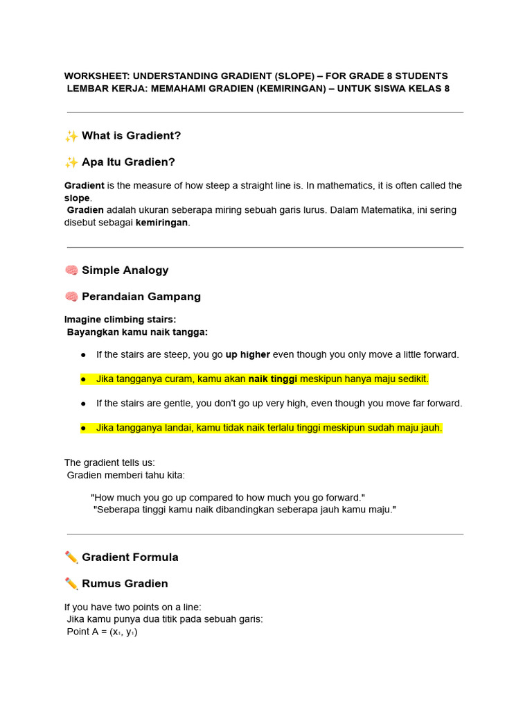 Worksheet - Understanding Gradient (Slope) - For Grade 8 Students | PDF