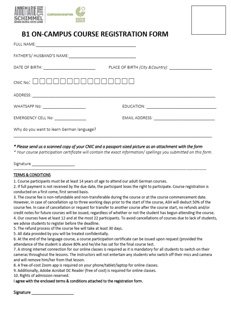 B1 On Campus Course Registration Form | PDF | Fee