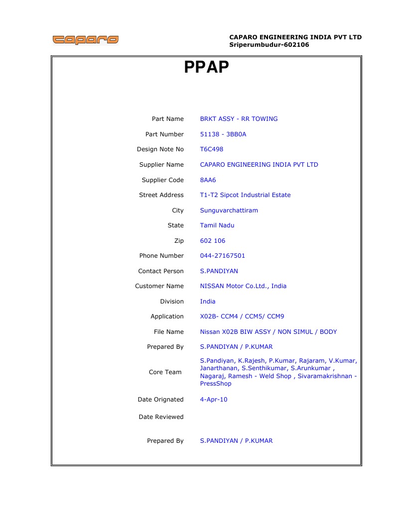 PPAP Front Sheet | PDF