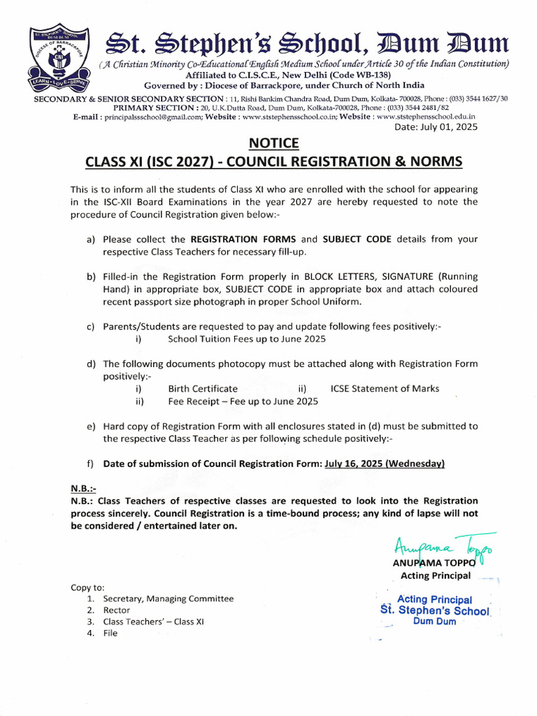 ISC Class XI Registration Notice 2027 | PDF