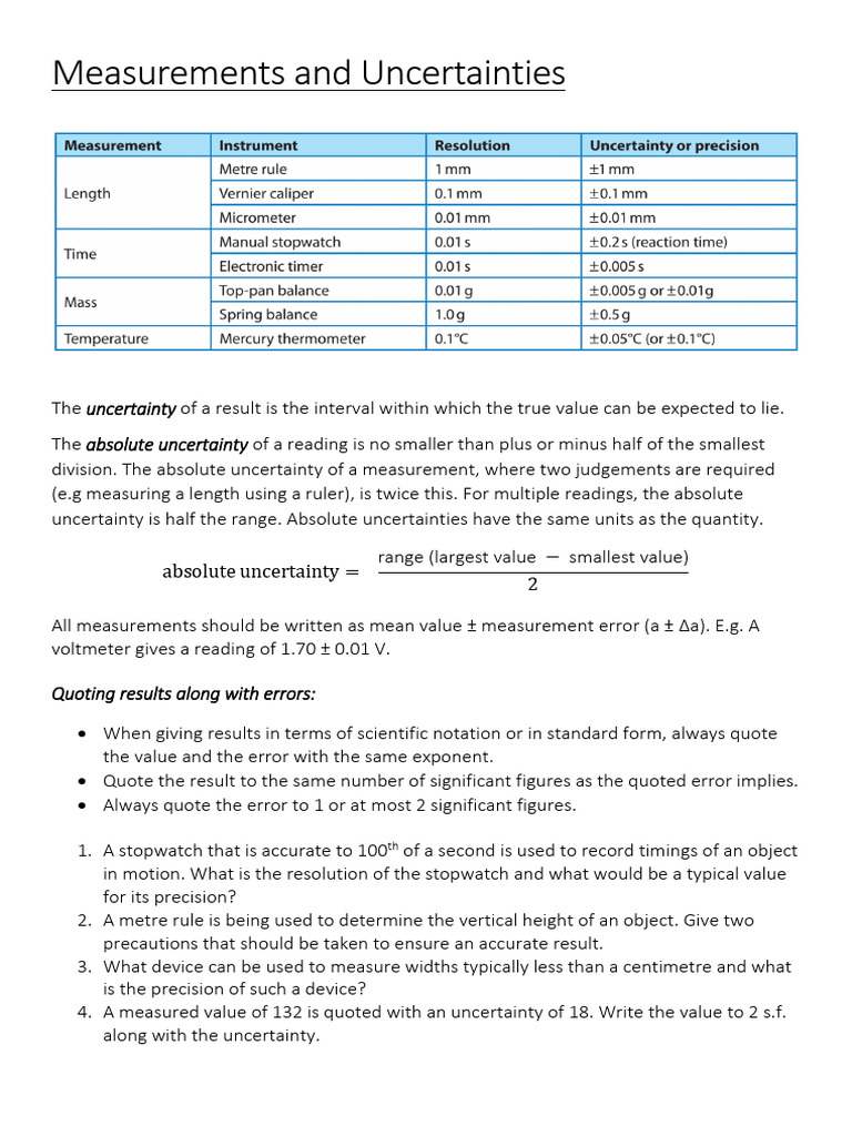Physics 4 Measurements and Uncertainties Practise Questions | PDF ...