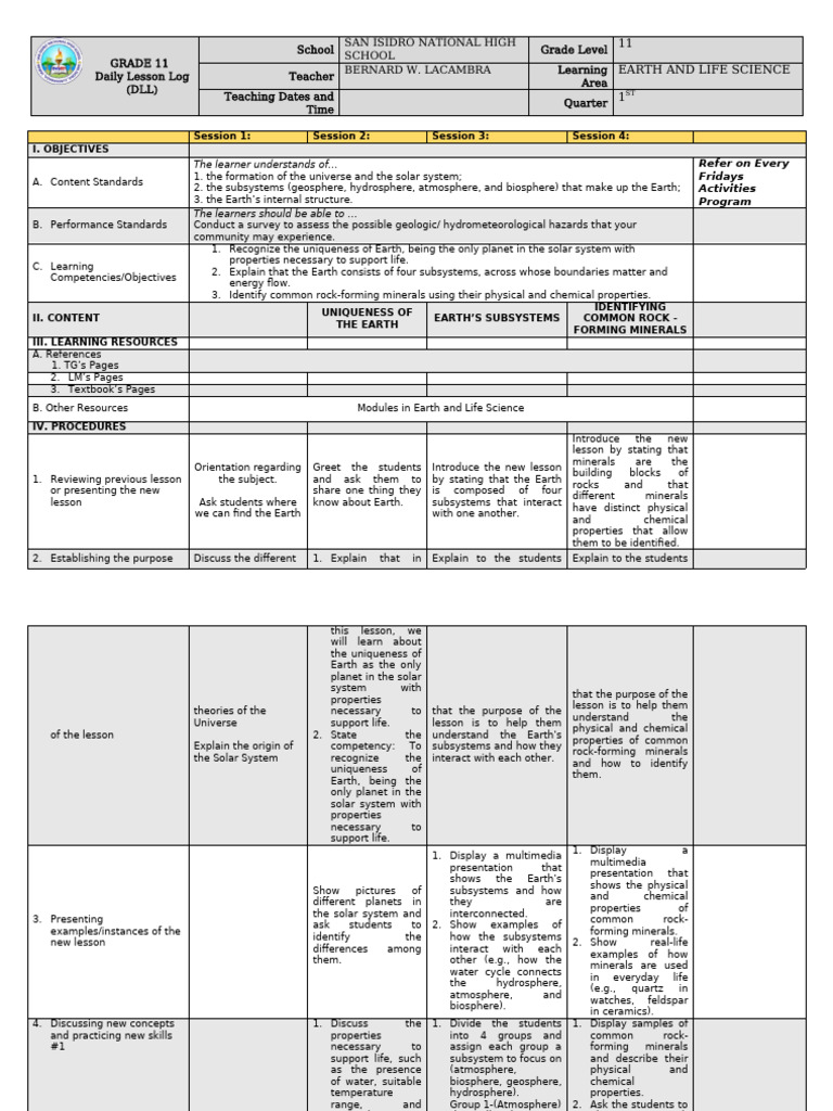 DLL Els Quarter 1 Week 1 | PDF | Earth | System