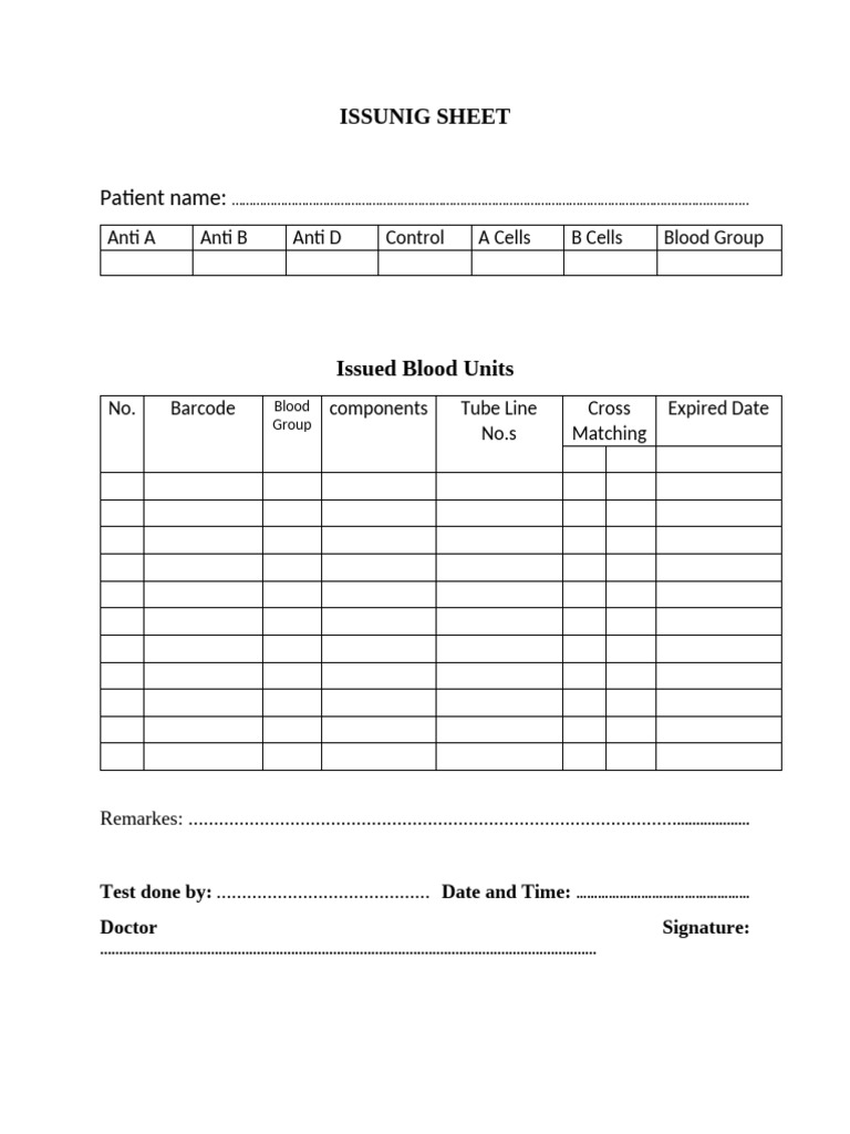 Blood Group Testing and Issuing Sheet | PDF