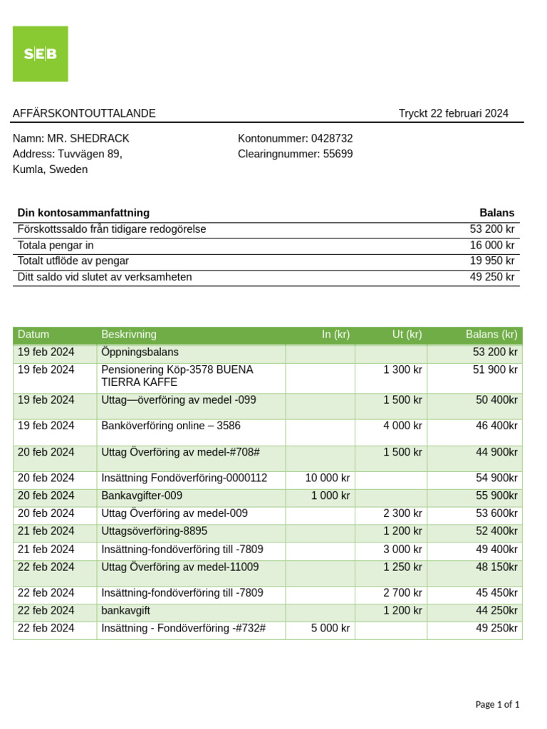 Bank Statement 2024-02-2024 Swedish | PDF