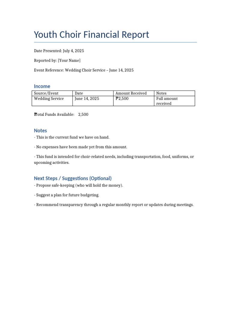 Youth Choir Financial Report July 2025 | PDF