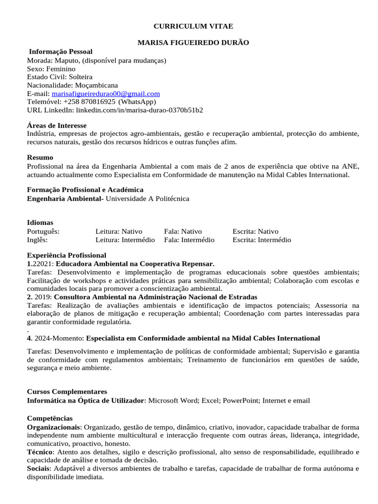 Marisa Durao CV Actualizado | PDF | Desenvolvimento profissional | Engenharia