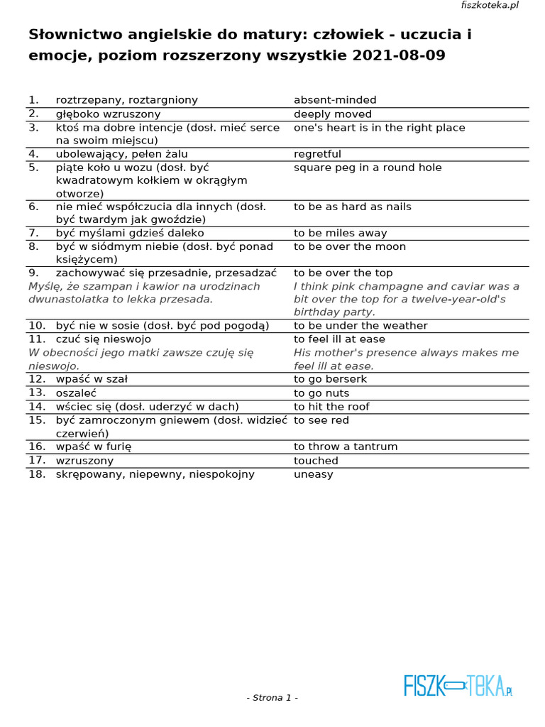 Slownictwo Angielskie Do Matury Czlowiek Uczucia I Emocje Poziom ...
