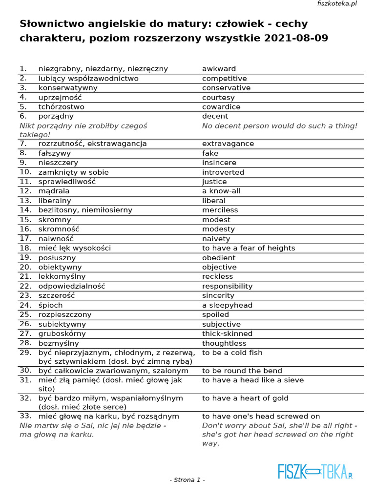 Slownictwo Angielskie Do Matury Czlowiek Cechy Charakteru Poziom ...