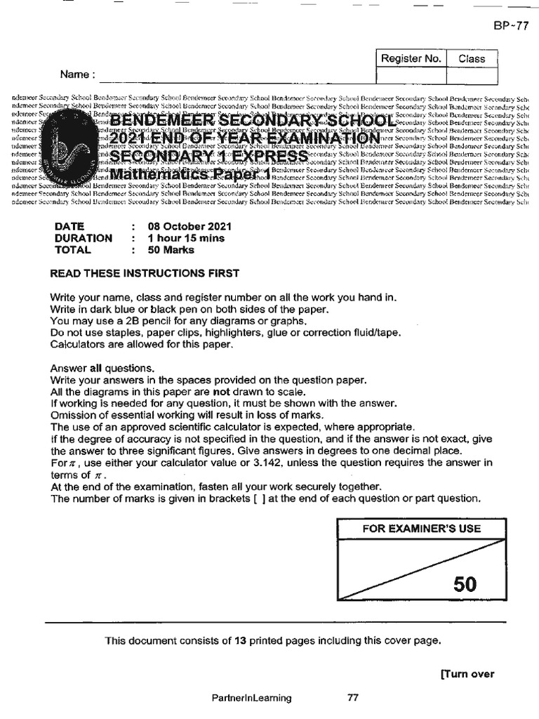 Math - Sec 1 - SA 2 - 2021 - Bendemeer Sec No Keys | PDF | Numbers ...