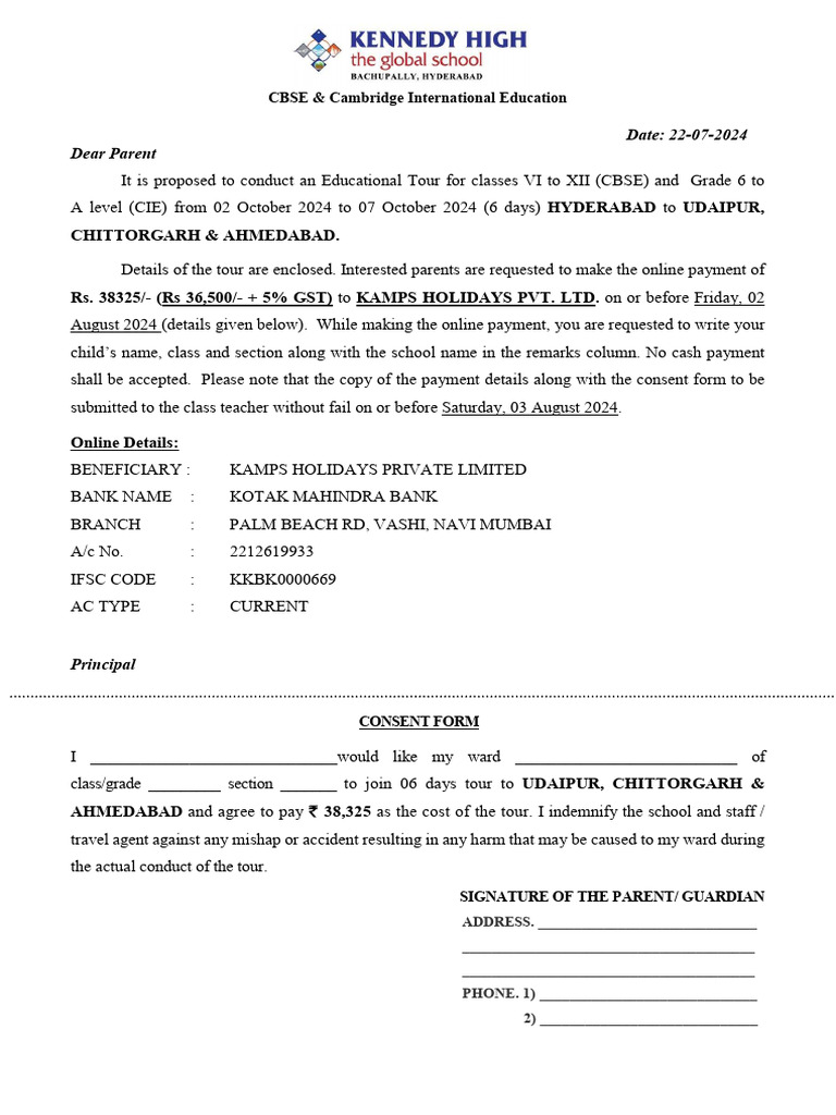 Educational Tour 2024 - Account Details & Consent Form | PDF