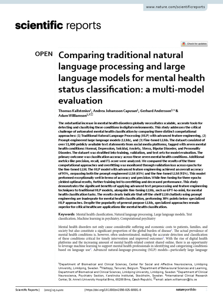 Comparing Traditional Natural Language Processing and Large Language Models For Mental Health ...