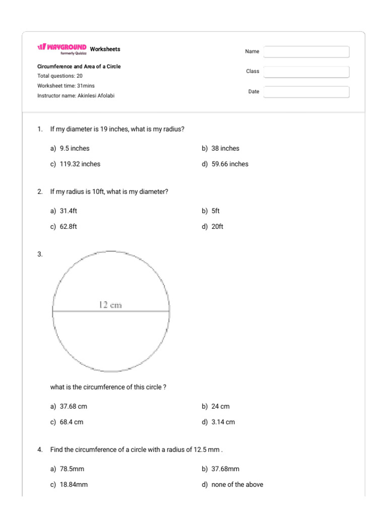 Circle Area and Circumference Worksheet | PDF | Area | Circle
