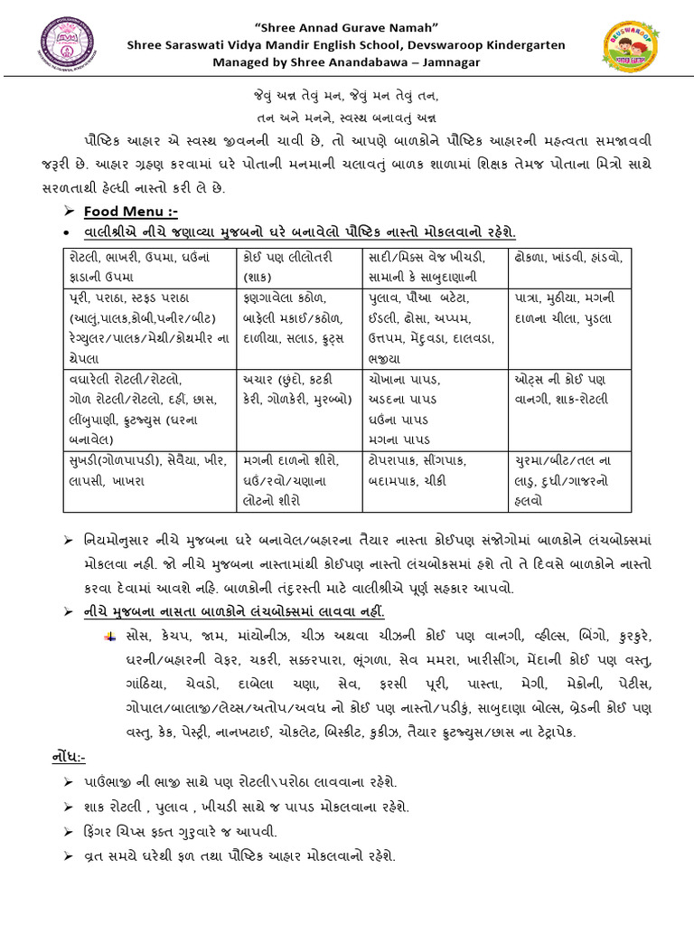 SVM Food Menu 2025-26 | PDF