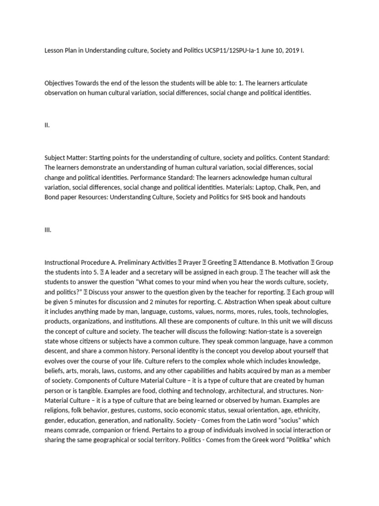 Understanding Culture Detailed Lesson Plan | PDF | Lesson Plan | Society