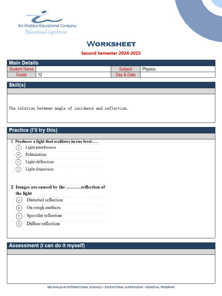 Remedial Worksheet Wave Optics | PDF