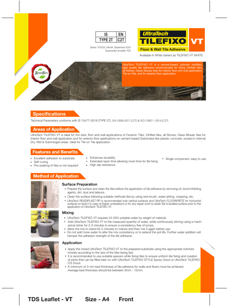 UltraTech TILEFIXO VT Technical Data Sheet | PDF | Tile | Adhesive