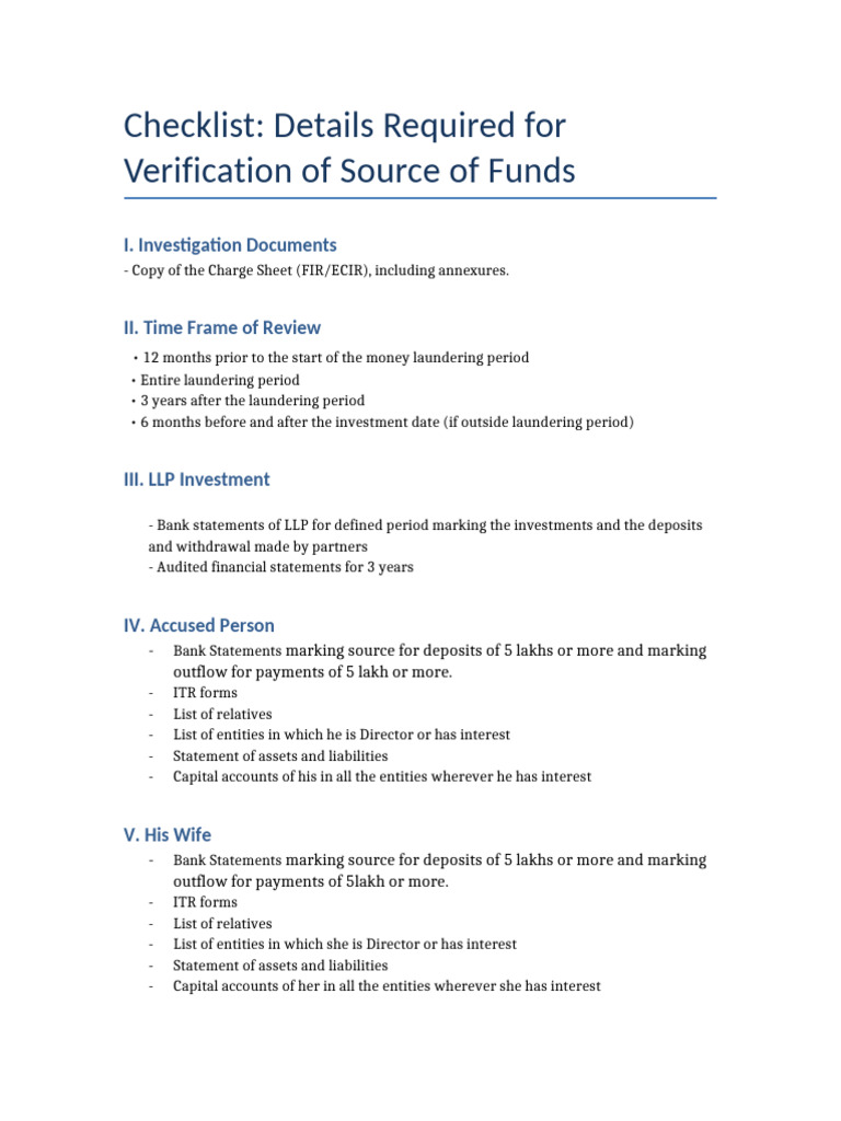 Checklist Verification Source of Funds | PDF