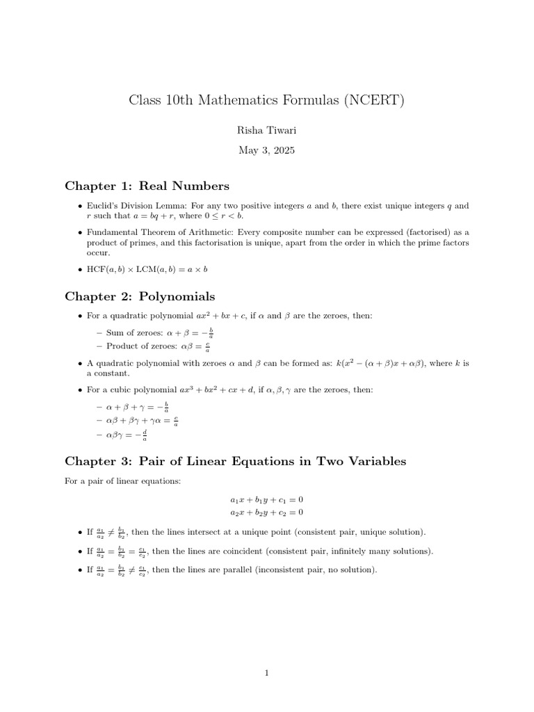 Class 10 Maths Formula Sheet | PDF | Abstract Algebra | Mathematics