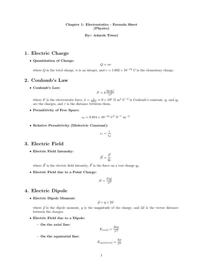 Electrostatics Formula Sheet for Class 12 | PDF | Electric Field | Flux
