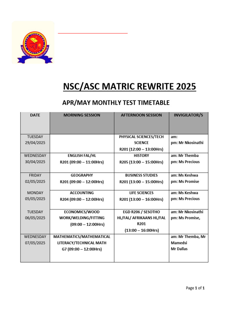2025 Matric Rewrite Test Timetable | PDF