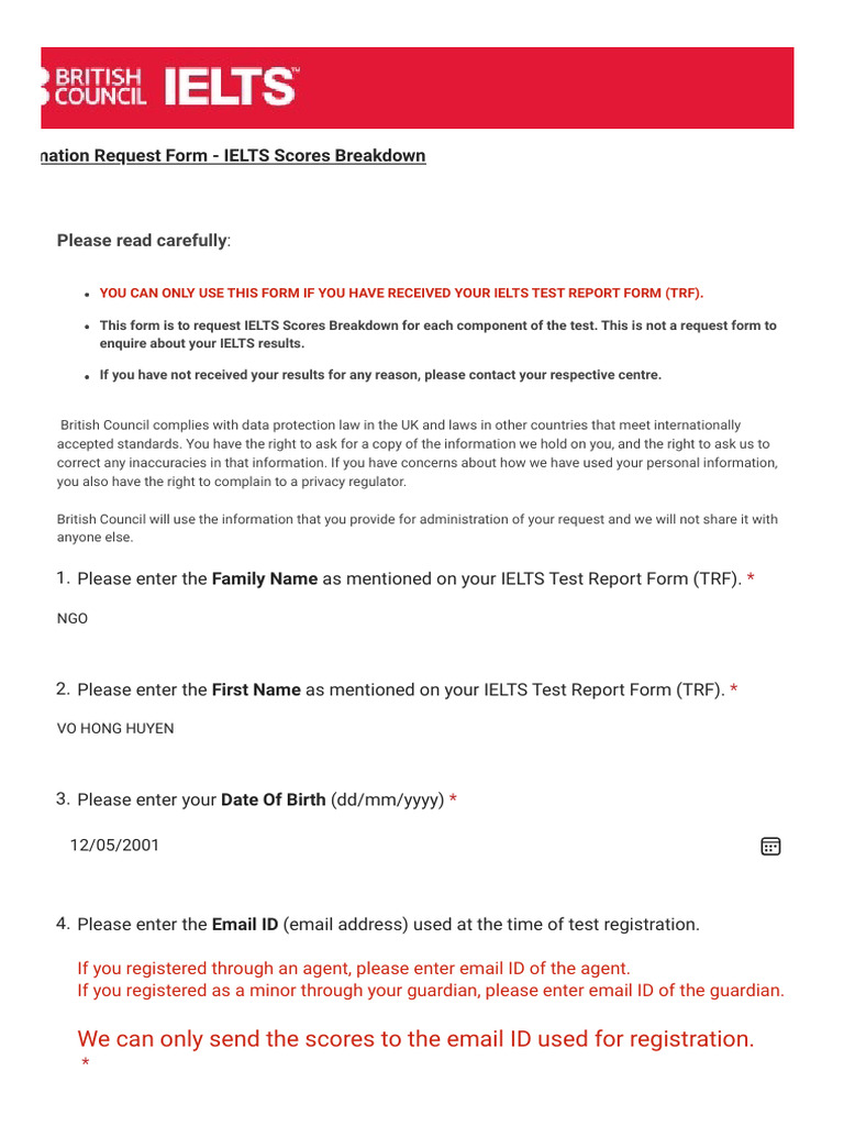 IELTS Scores Breakdown Request Form | PDF | International English ...