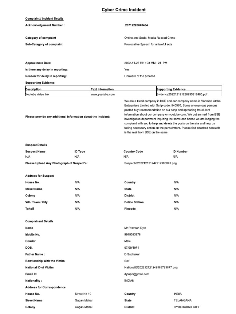Cyber Crime Complaint Receipt | PDF