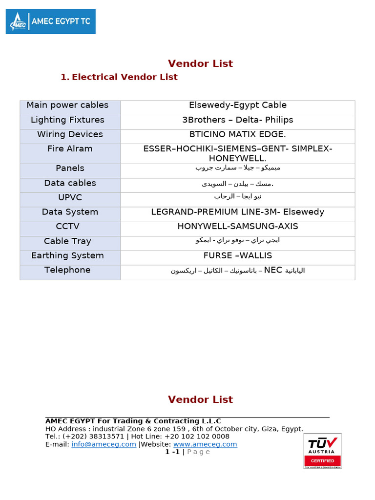 Vendor List | PDF