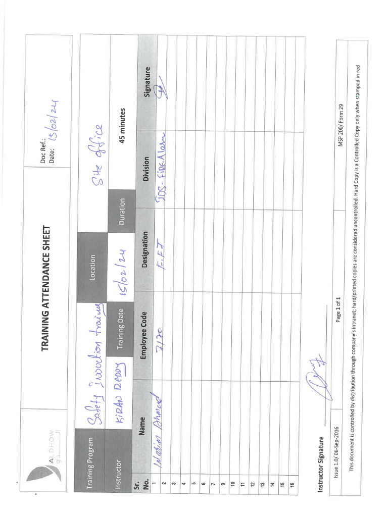Induction Training Attendance Sheet-Ids055 | PDF