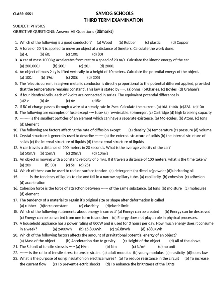 SS1 Physics Third Term Exam Questions | PDF | Heat Transfer | Liquids