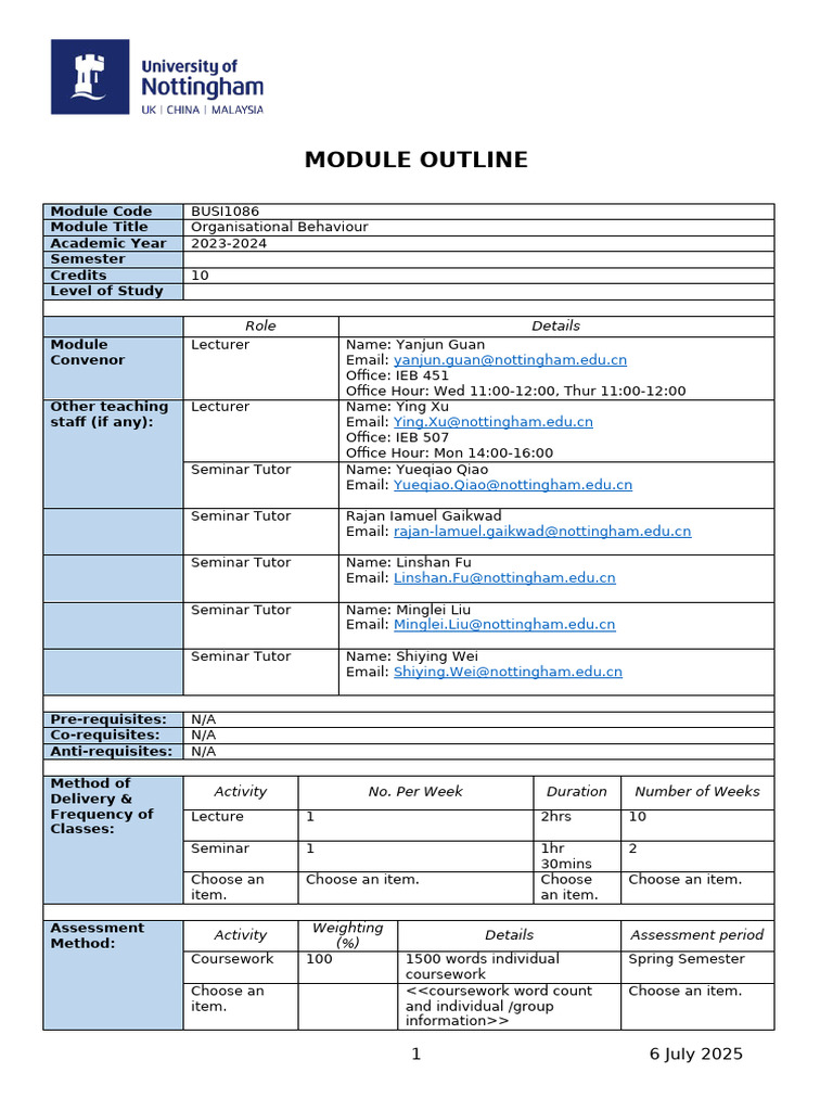 OB Module Outline Template 2024 | PDF | Leadership | Knowledge