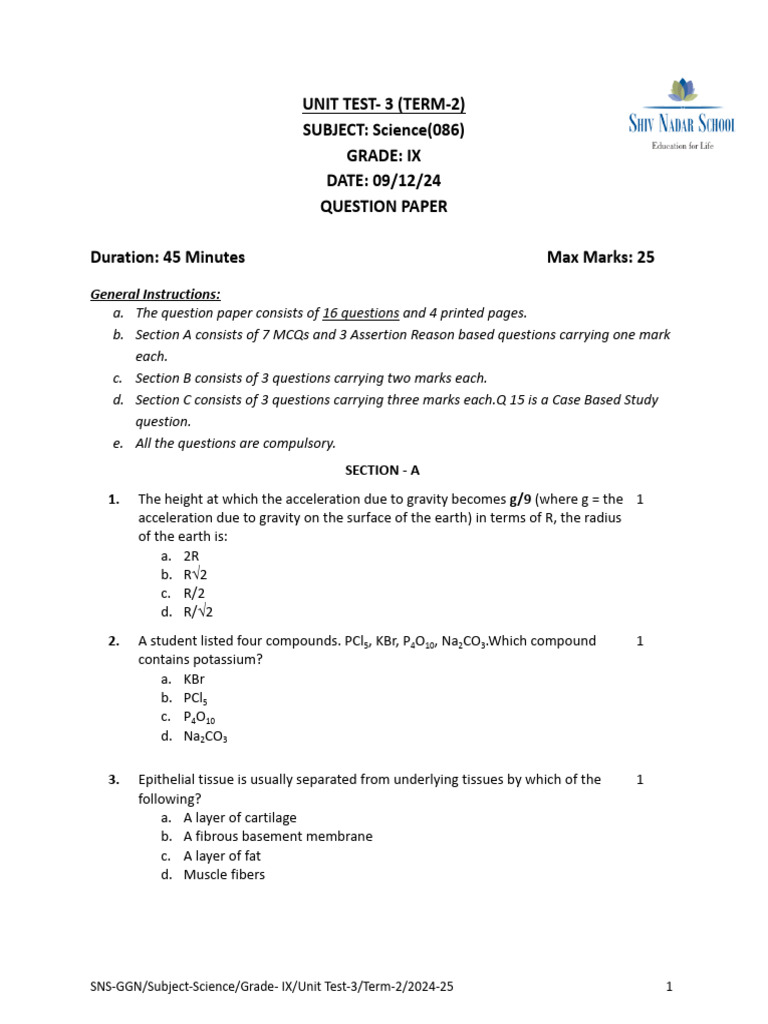 Grade 9 Science UT3 2024-2025 | PDF | Epithelium | Anatomy