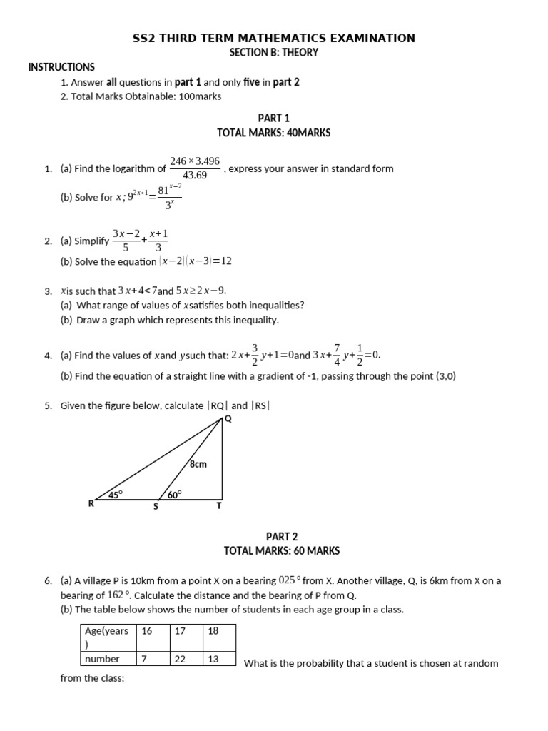 Ss2 Third Term Mathematics Examination-Essay | PDF | Mathematics | Mathematical Objects