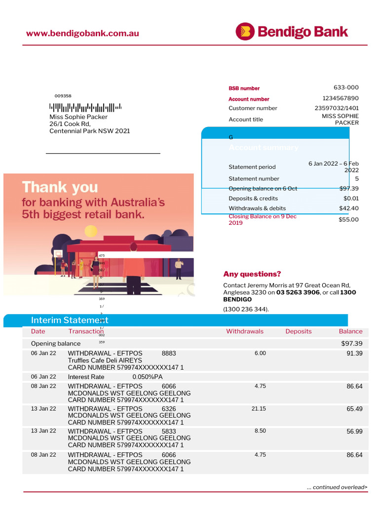 Bendigo Bank Statement Summary | PDF | Transaction Account | Service ...