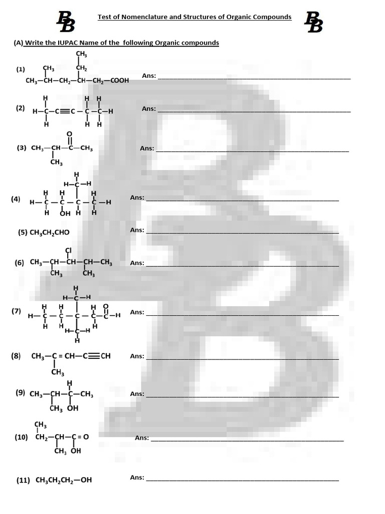 Organic Compounds IUPAC Naming Test | PDF | Chemical Compounds | Chemistry