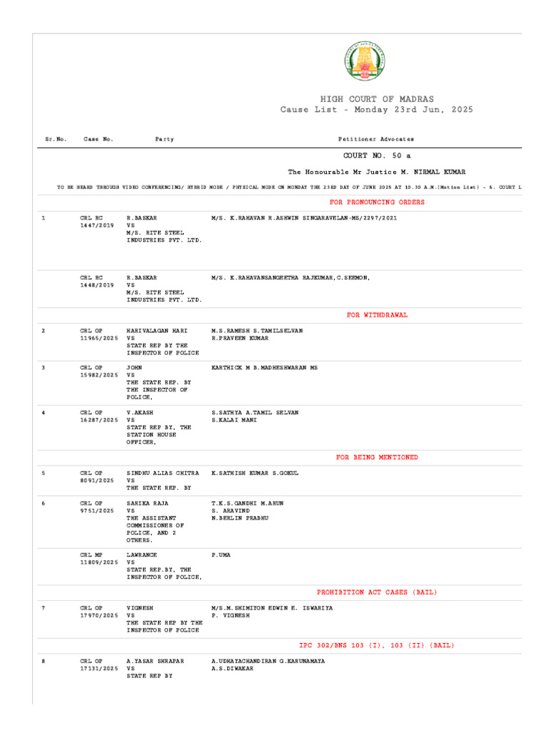 Madras High Court - Cause List | PDF | Film Production Districts | Cinema Of India