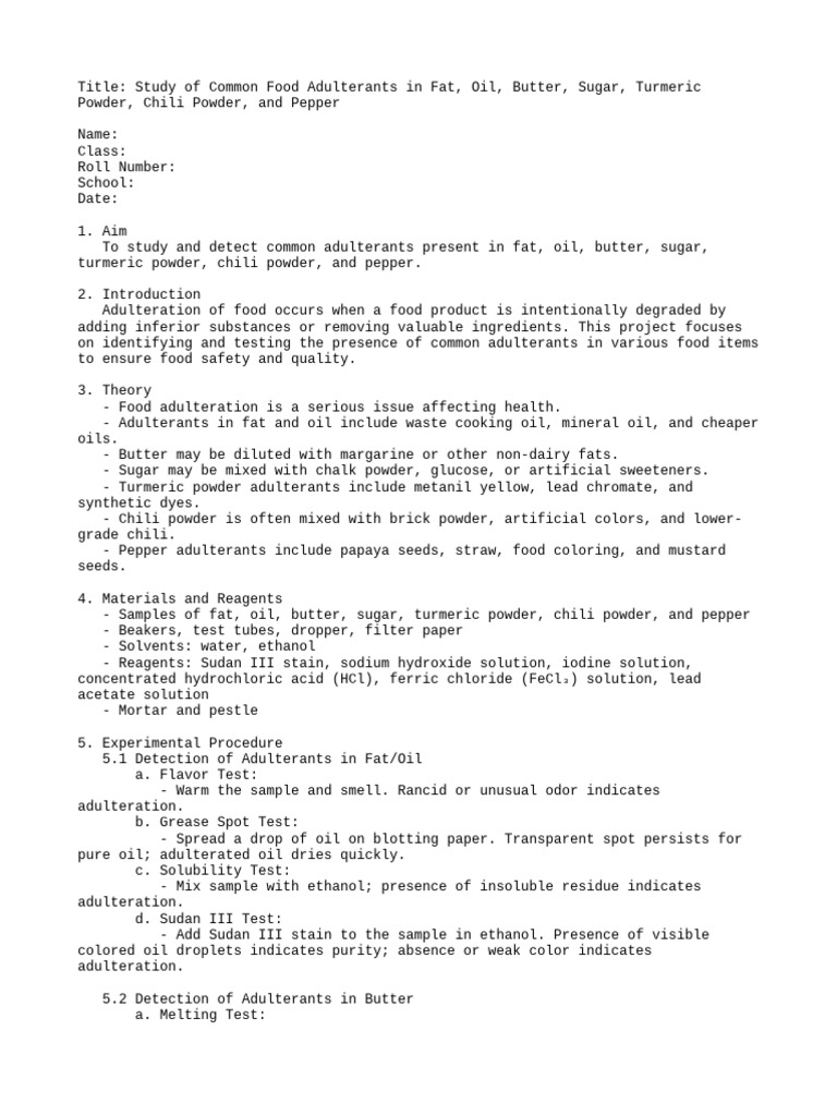 Chemistry Project Food Adulterants | PDF | Chemical Substances | Chemistry